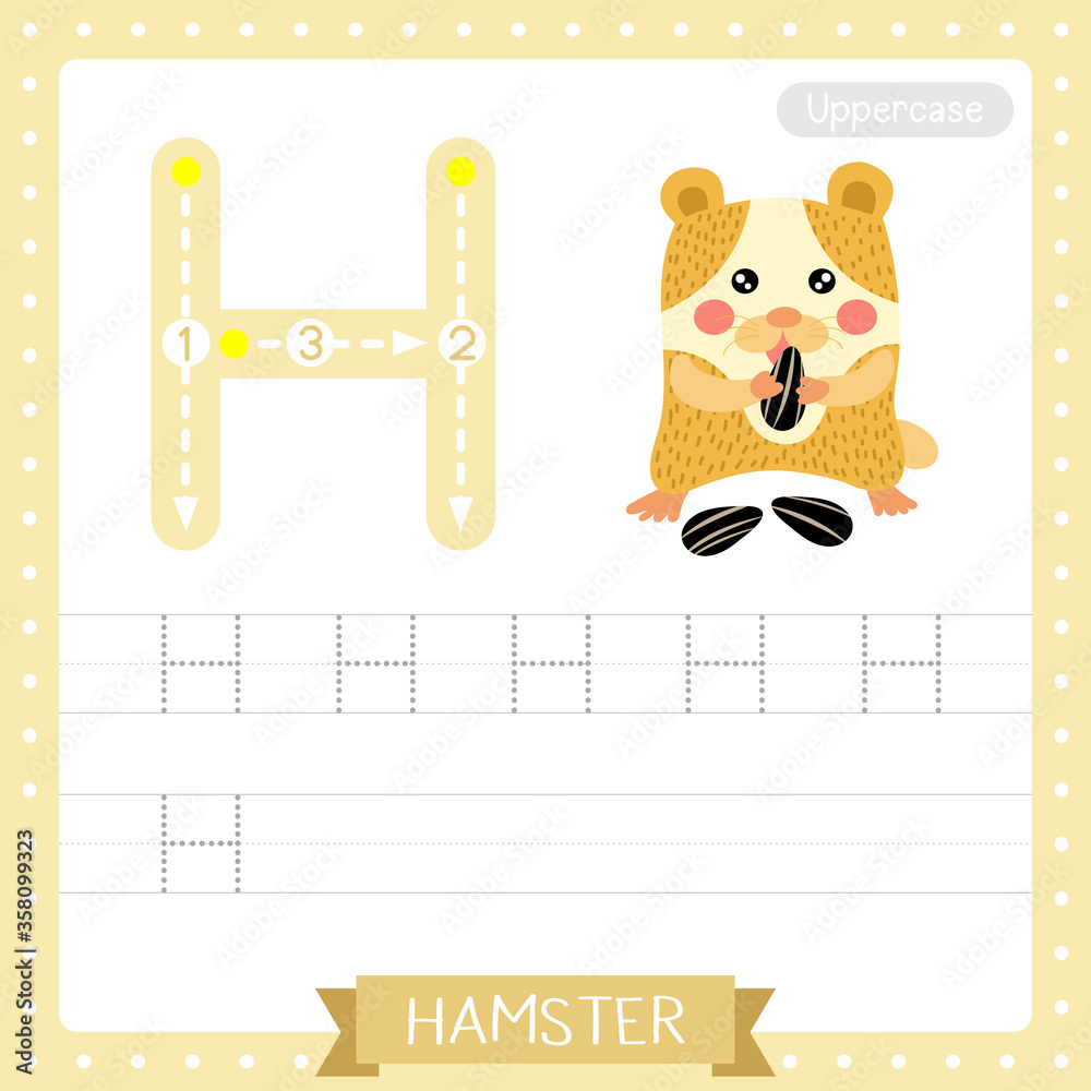 Letter H uppercase tracing practice worksheet. Hamster eating sunflower ...