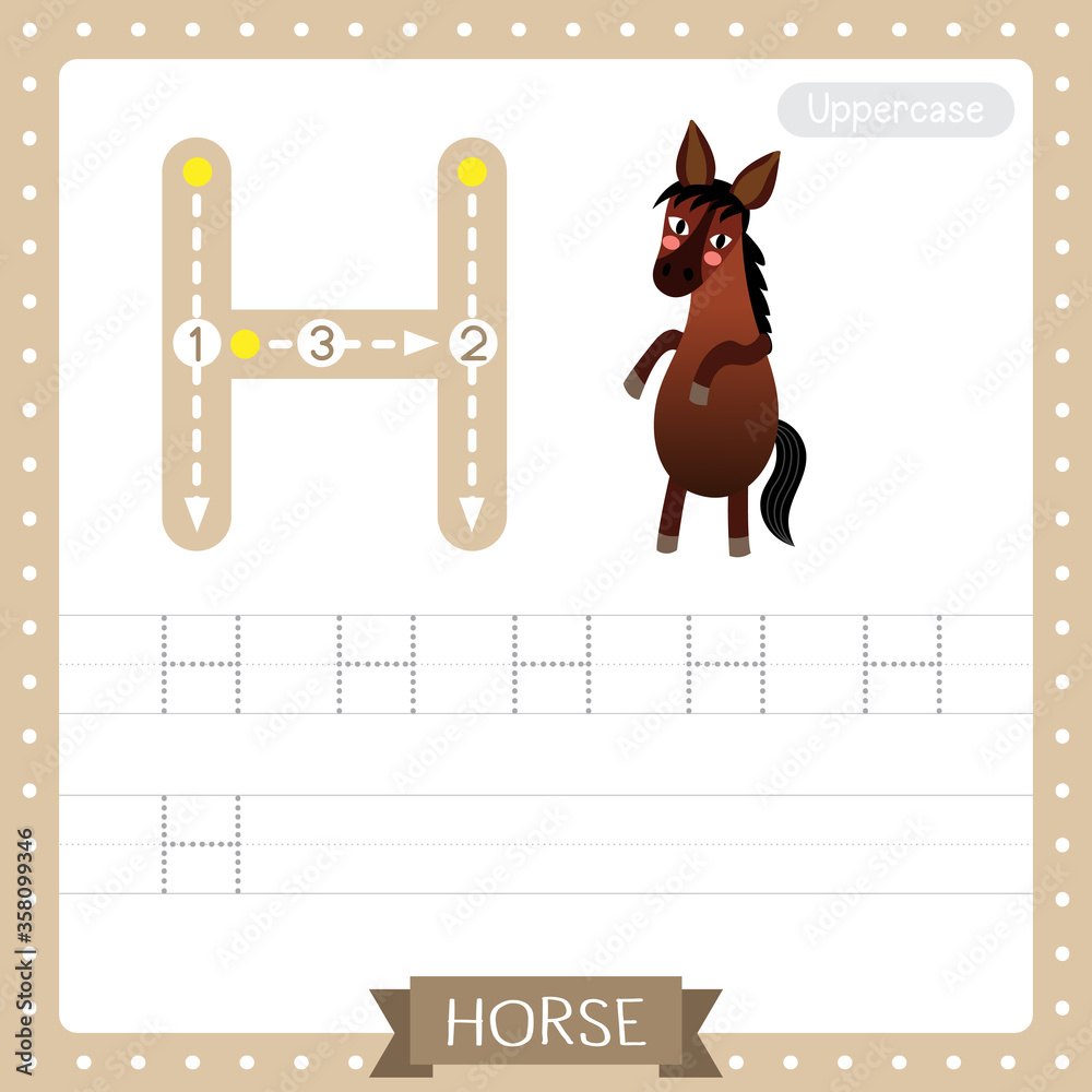Letter H uppercase tracing practice worksheet. Horse standing on two ...