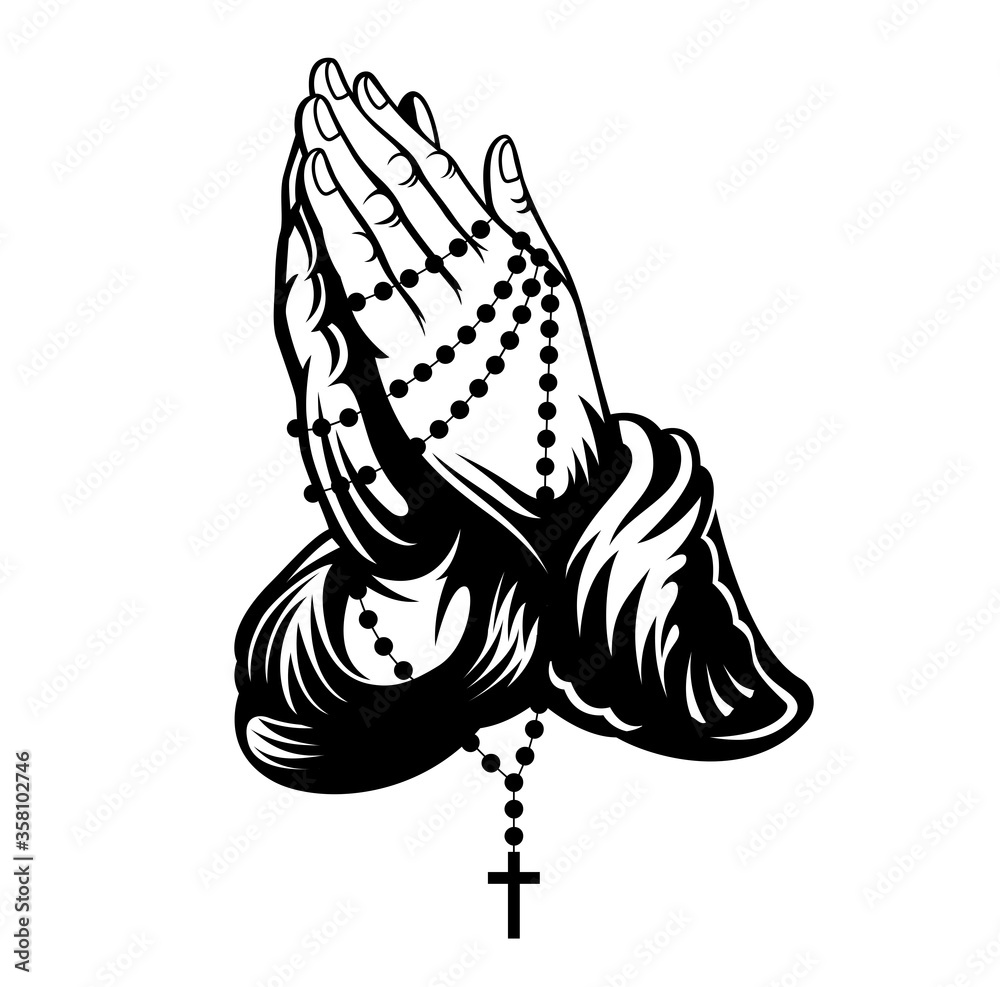 Praying hands with cross on chain around hands. Vector illustration ...