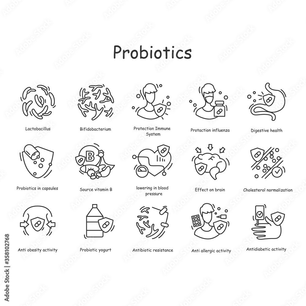 Probiotics set of icon. Linear medican signs collection. Good bacteria ...