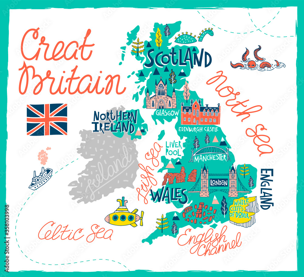 Illustrated map of the Great Britain. Travel and attractions Stock ...