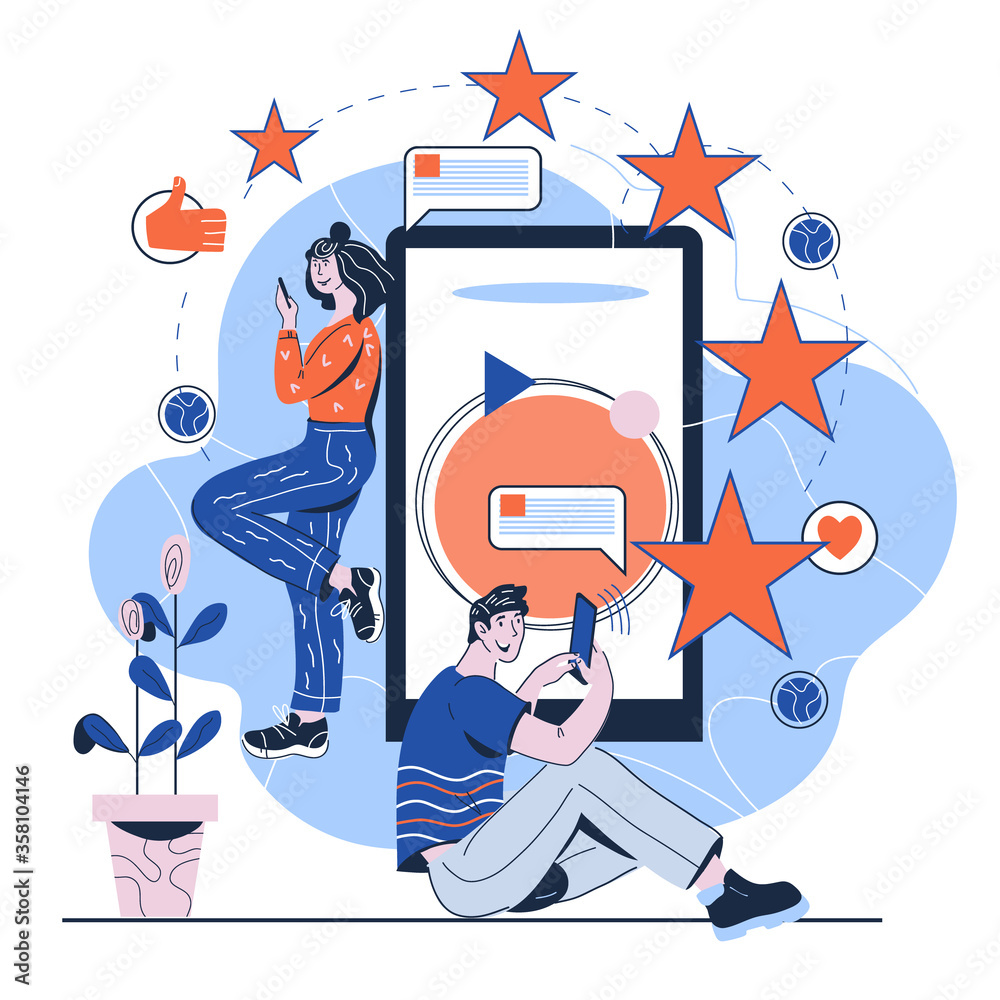 Customers feedback and online five stars rating concept with cartoon ...