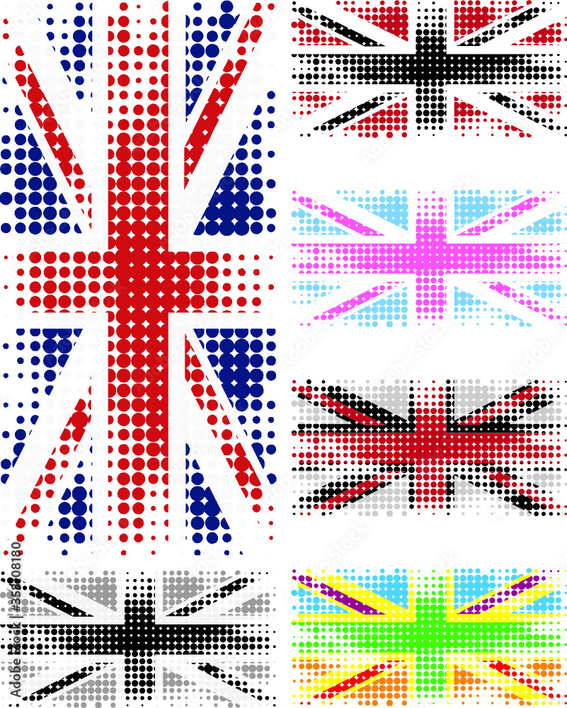 Set of British flags for t-shirt, posters... Halftone texture ...