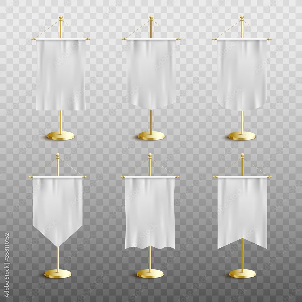 Realistic white medieval pennant display set with blank mockups of silk ...