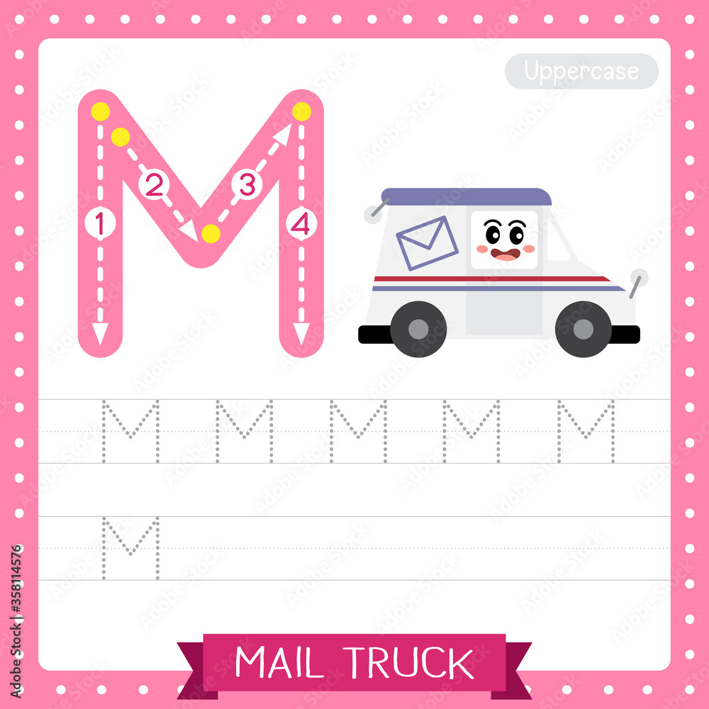 Letter M uppercase tracing practice worksheet of Mail Truck Stock ...