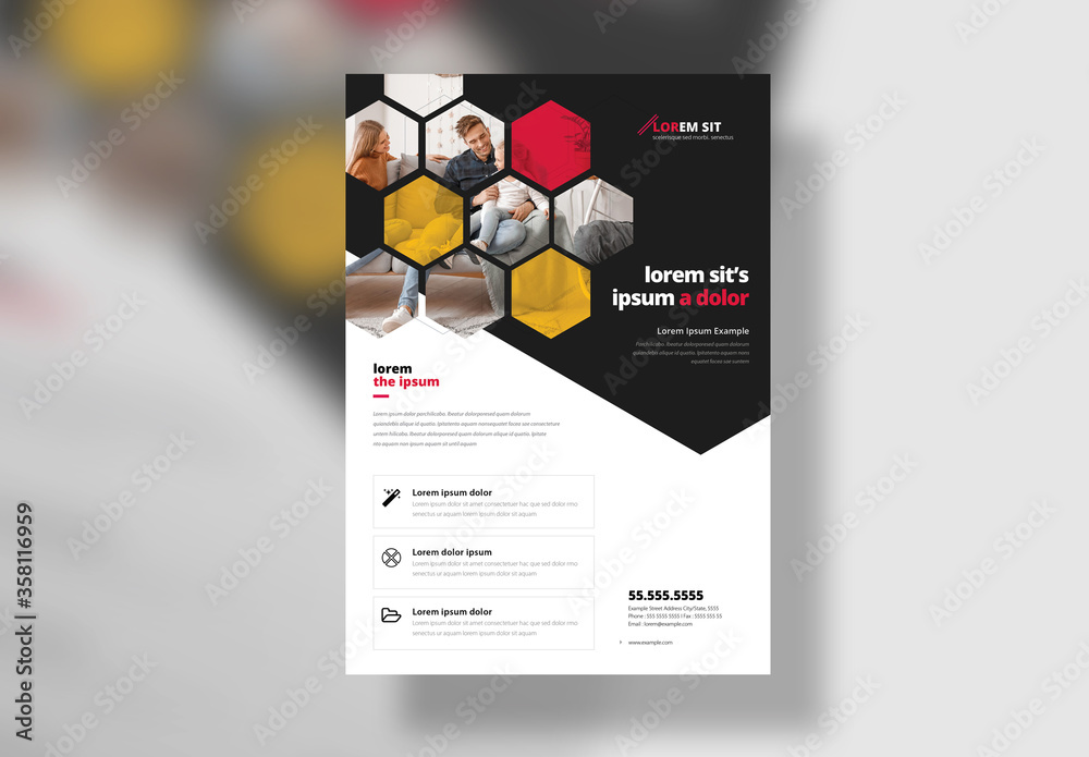 Hexagon Business Flyer Layout with Red Accent Stock Template | Adobe Stock