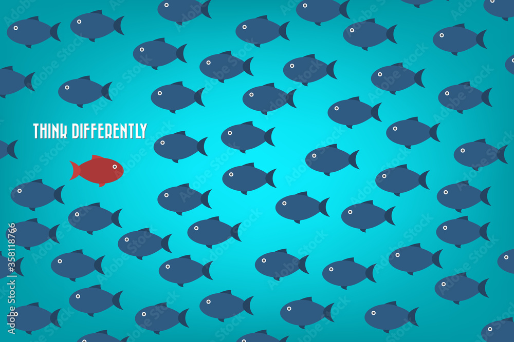 Think differently -One red unique different fish swimming opposite way ...