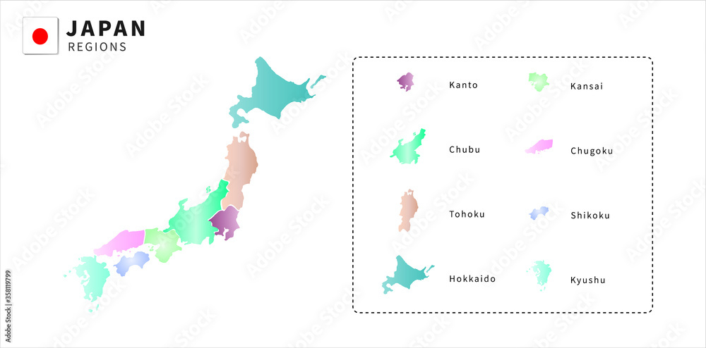 Vector Illustration of Japan map and colorful isolate japan region ...