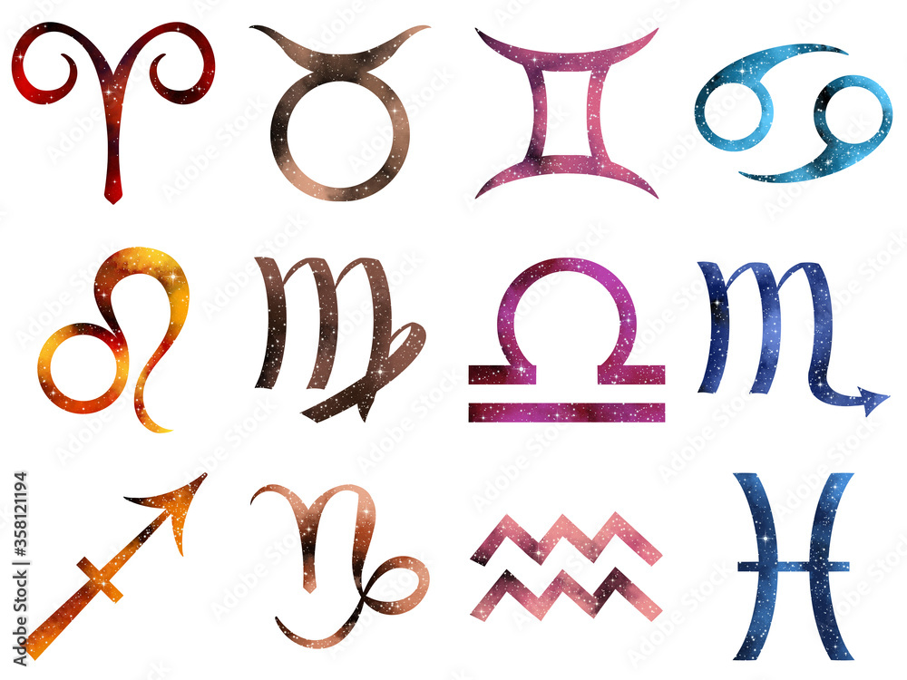 Zodiac icons. Set of zodiac signs with galaxy and stars inside ...