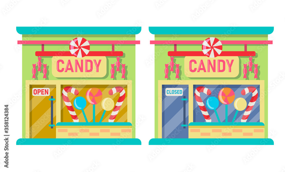 The candy store is open and closed. Set of illustration of exterior ...