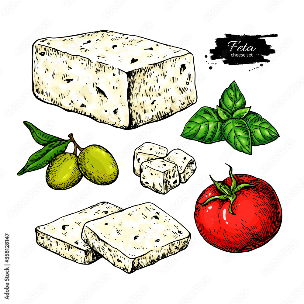 Greek feta cheese block, slice drawing. Vector hand drawn food sketch ...