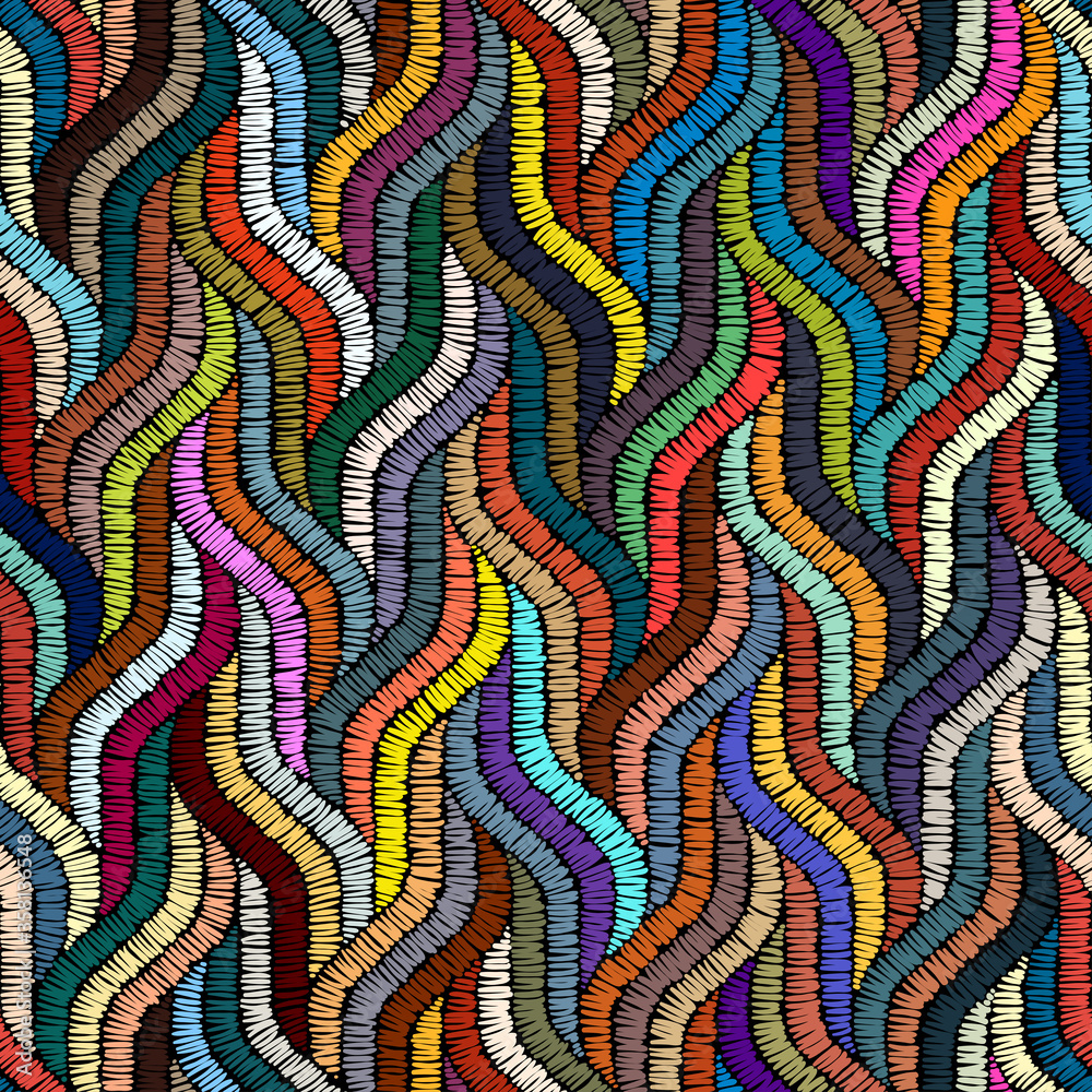 Embroidery - seamless ornament. Colored lines on a black background ...