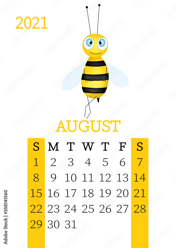 Calendar 2021. Monthly calendar for August 2021 from Sunday to Saturday ...