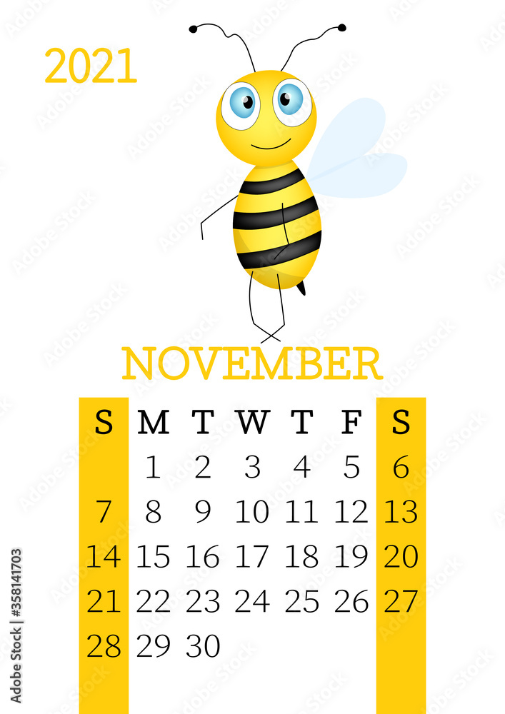 Calendar 2021. Monthly calendar for November 2021 from Sunday to ...