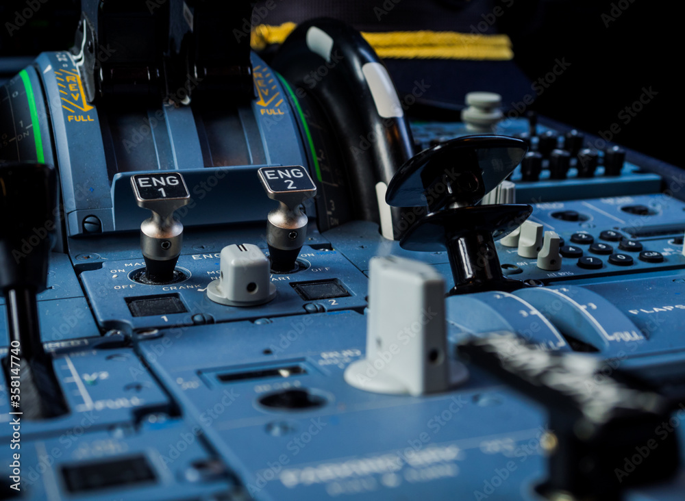 Closeup high detailed view power control and other aircraft control ...