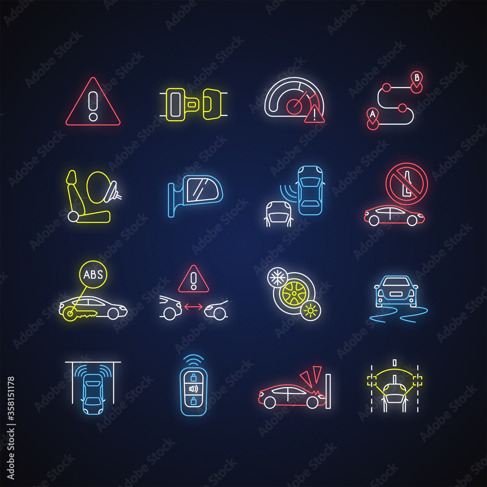 Driving safety neon light icons set. Car accident prevention, traffic ...