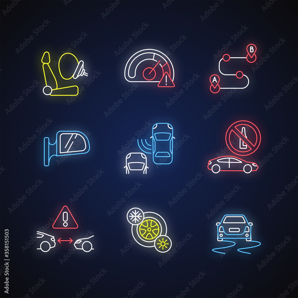 Safe driving neon light icons set. Car travel risks warning, driver ...