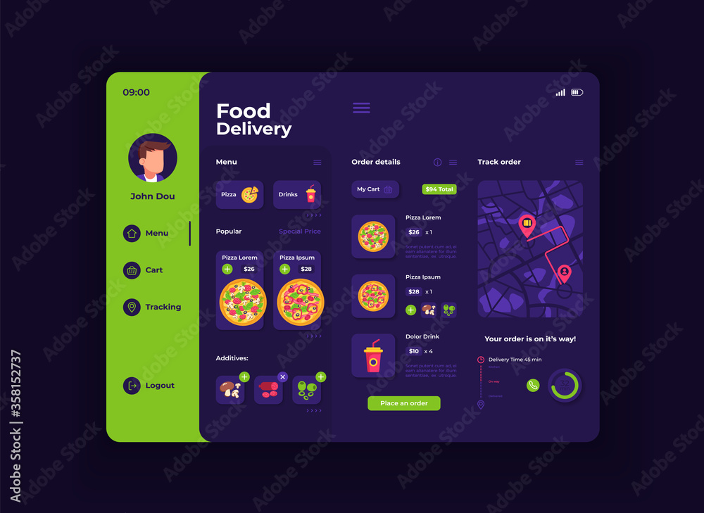 Food Delivery Tablet Interface Vector Template Mobile App Page Night Mode Design Layout