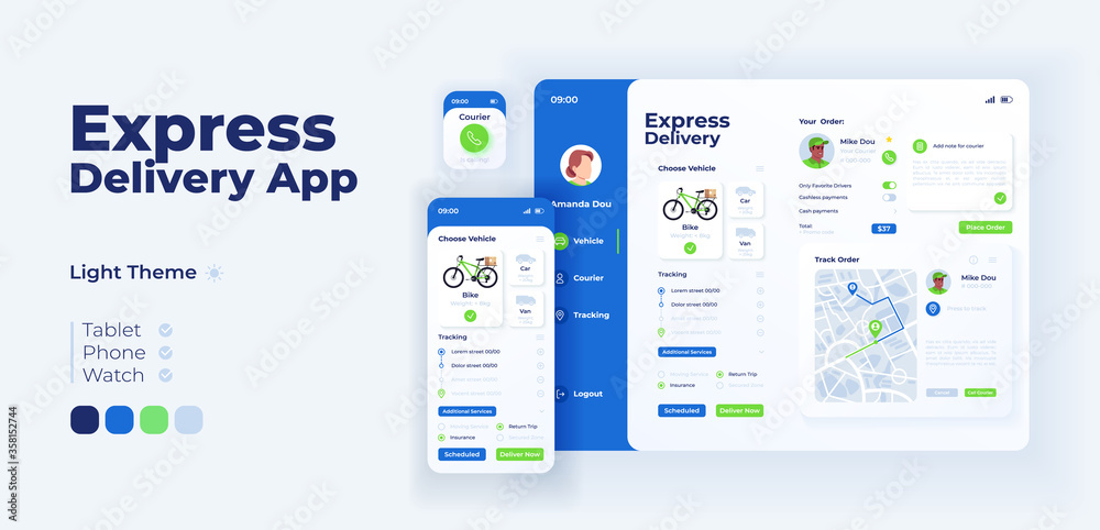 Express delivery app screen vector adaptive design template. Goods ordering service application ...