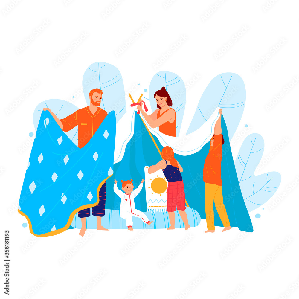 Family fun spend time, parent build plaything tent from blanket ...