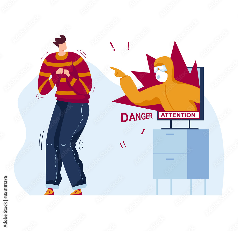 Male character fear news about dangerous world event, pandemic hazard ...