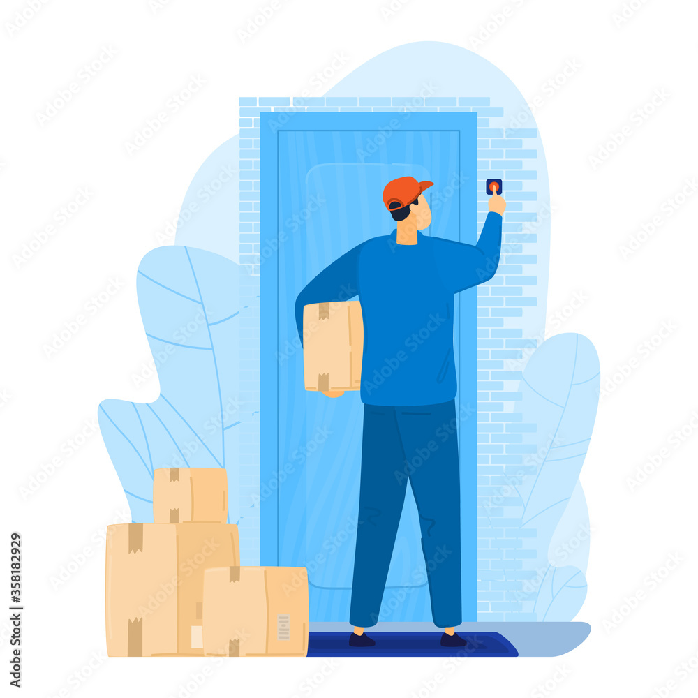 Man character postman hold package box, express delivery to door house ...