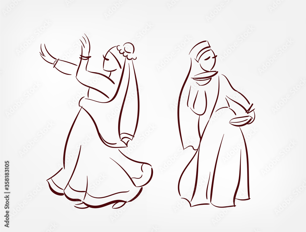 Sikkim state India ethnic indian woman girl dance traditional sketch ...
