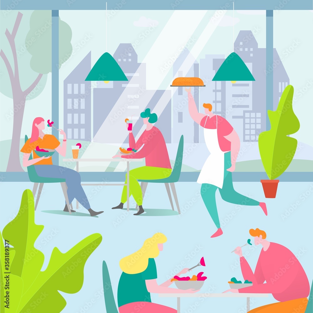 People eat food in cafe vector illustration. Cartoon flat adult man ...
