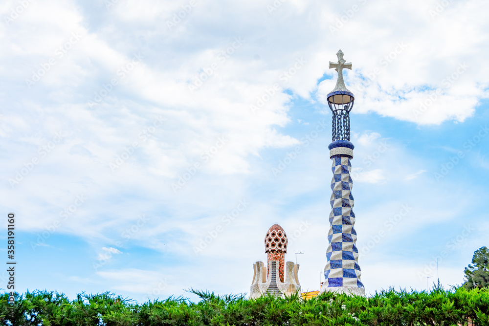 The cross of the Park Güell, designed by Antonio Gaudí in Barcelona ...