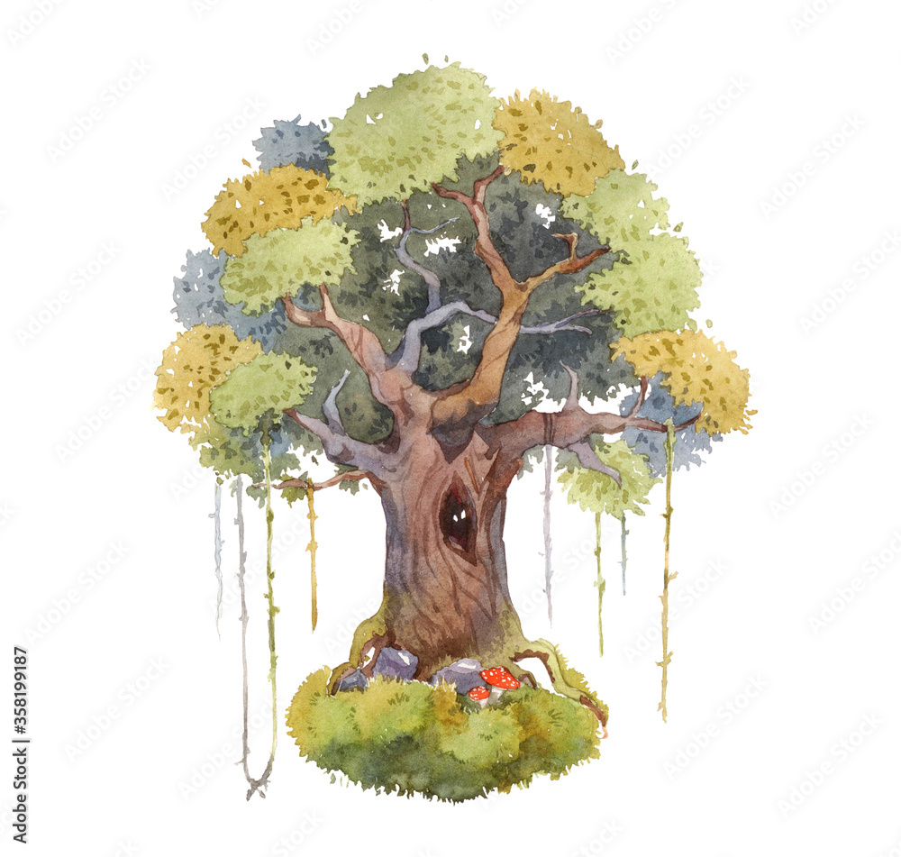 ภาพประกอบสต็อก Watercolor illustration a Magic Oak Tree with a ghost. Traditional watercolor ...