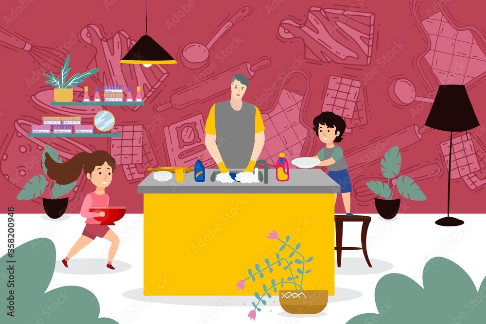 House work people at kitchen, vector illustration. Cartoon family clean ...