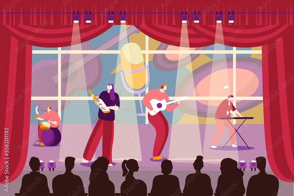 Band people playing music at stage,vector illustration. Cartoon man ...