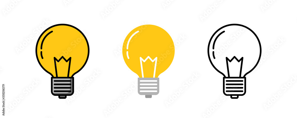Light bulb logo icon three design, Color line, Flat lay and outline ...