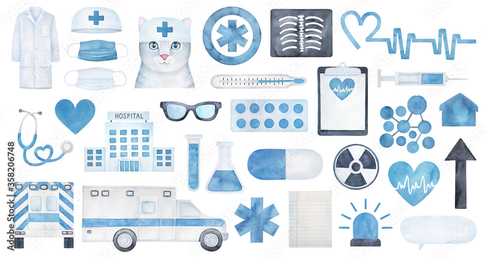 Watercolour drawing collection of various medical objects and signs ...