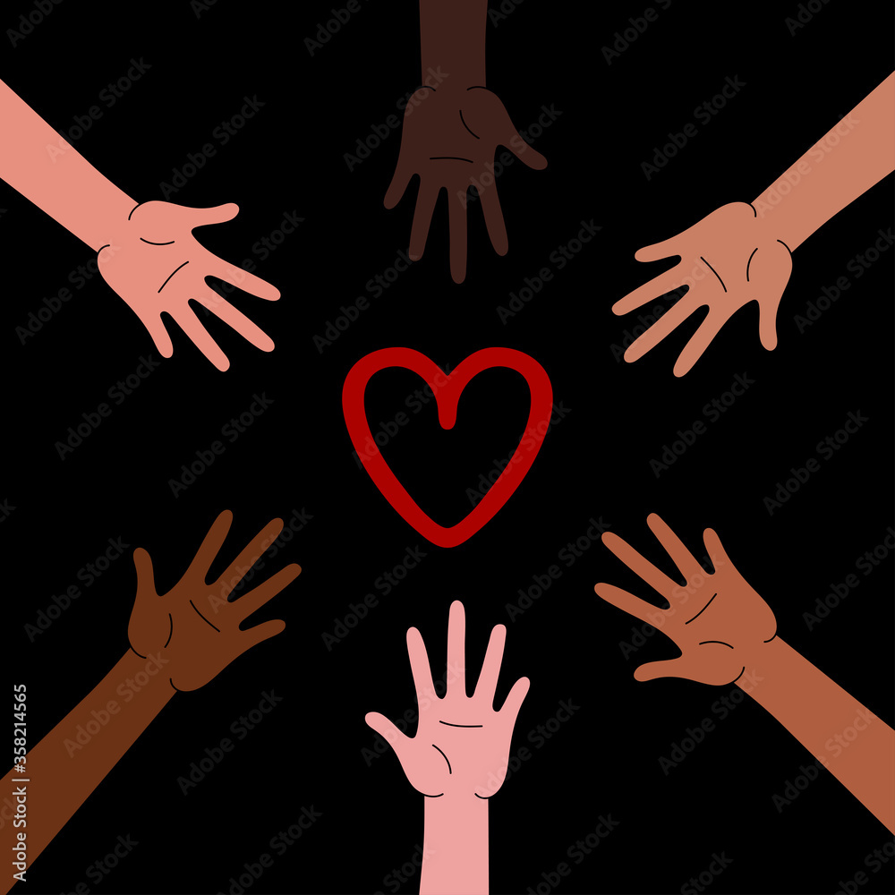 Hands multinational organized in a circle, reaching for red heart. Anti ...