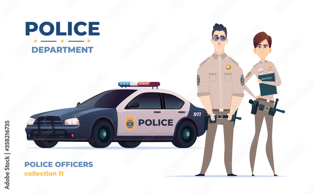 Cartoon police officers man and woman team. Public safety officers with ...