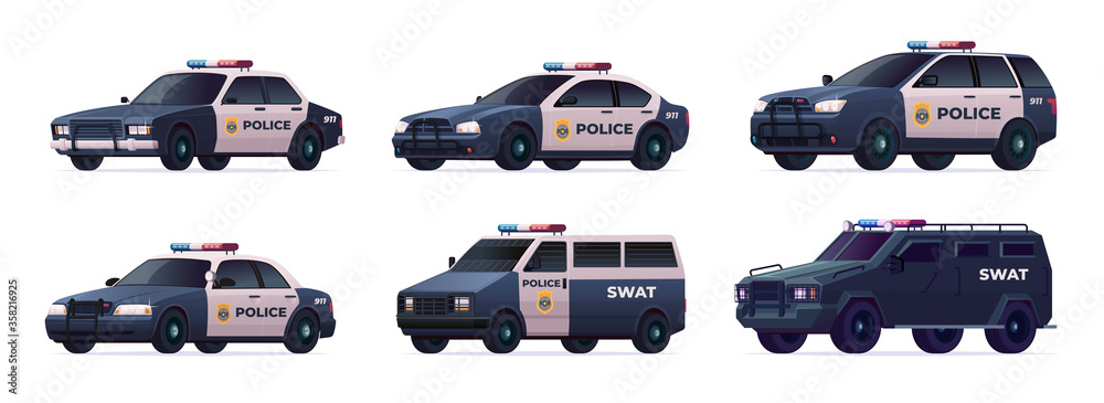 Collection of police cars of various types. City urban police car, van ...
