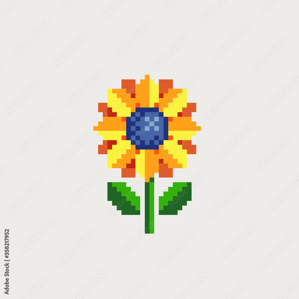 Sunflower yellow flower logo, pixel art icon, isolated vector ...
