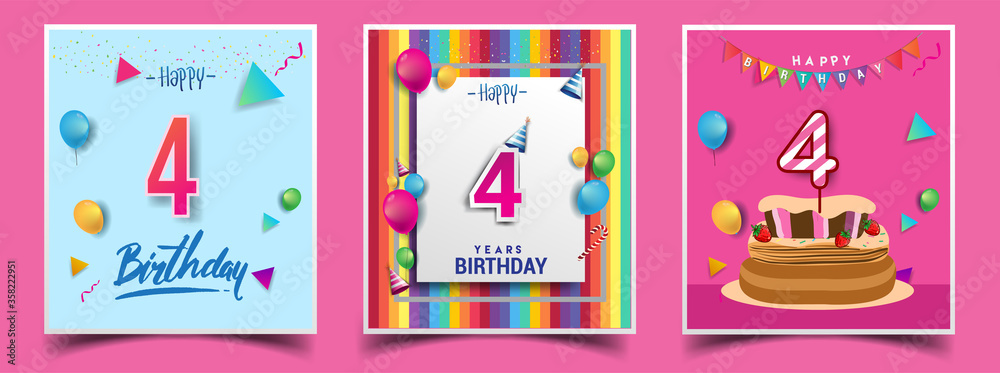 Vector Sets of 4th Years Birthday invitation, greeting card Design ...