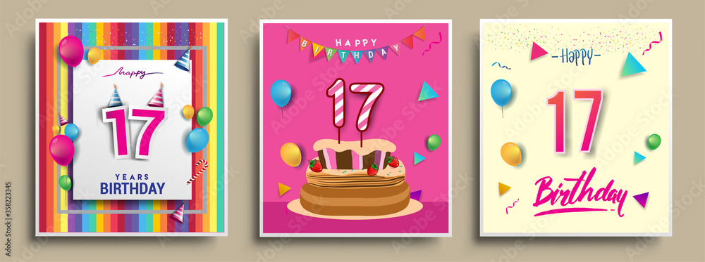 Vector Sets of 17th Years Birthday invitation, greeting card Design ...