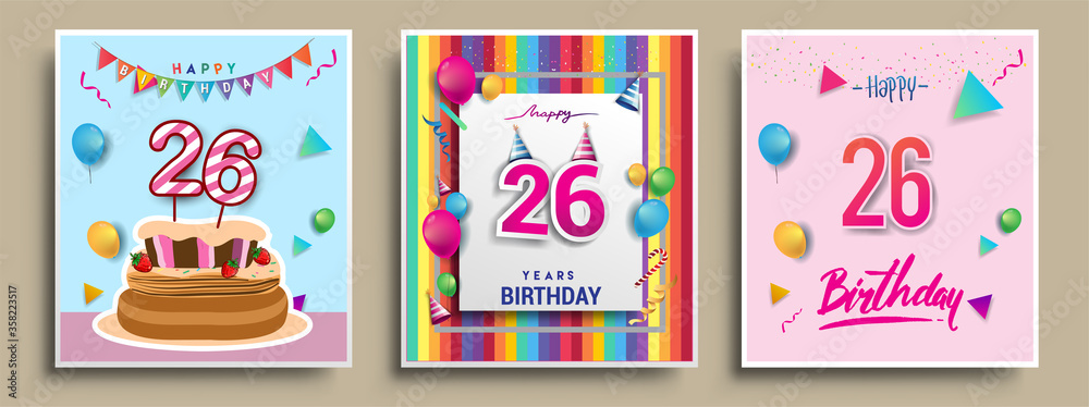 Vector Sets of 26th Years Birthday invitation, greeting card Design ...