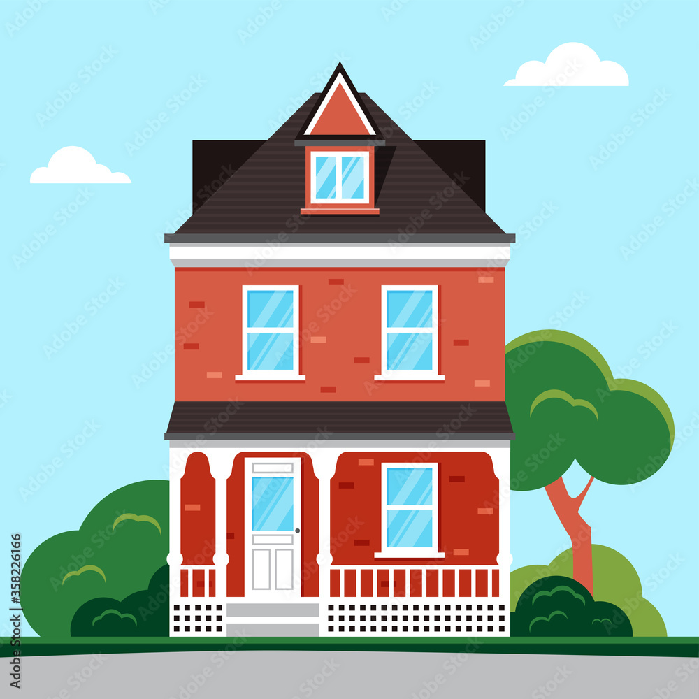 Cottage house. Town house face side. Architecture. Flat cartoon style ...