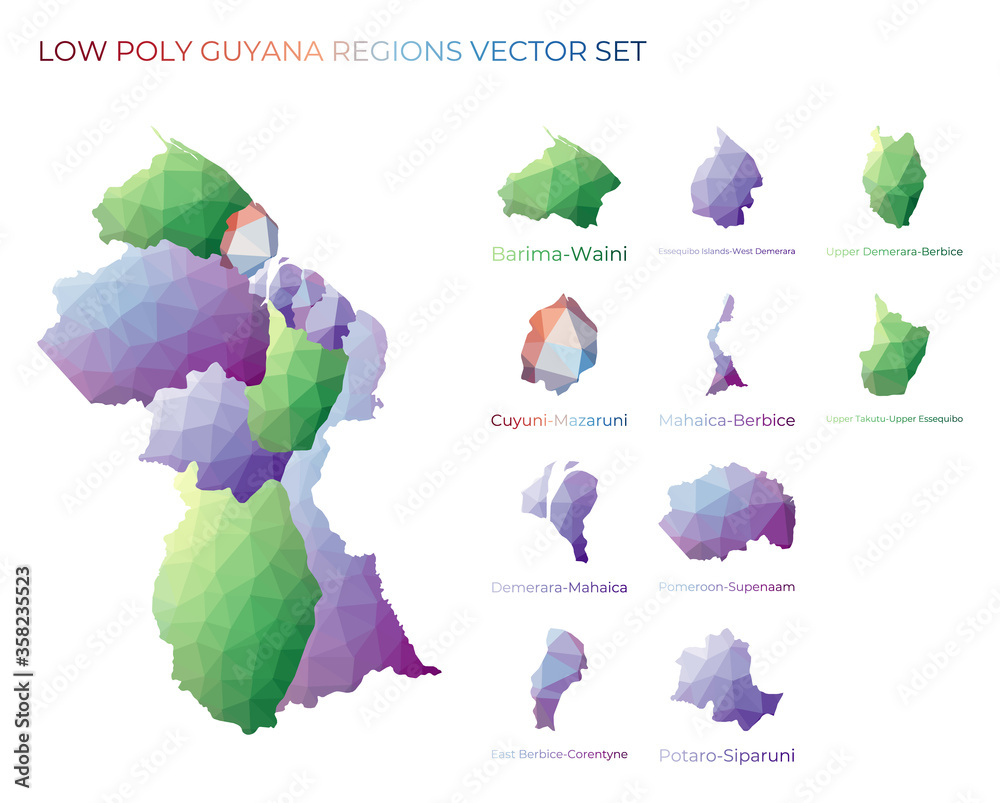 Guyanese low poly regions. Polygonal map of Guyana with regions ...