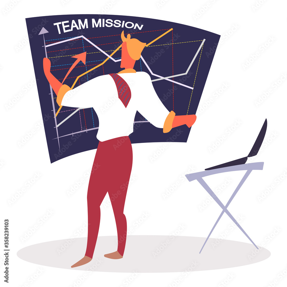 Team mission. Businessman drawing colorful chart on presentation board ...