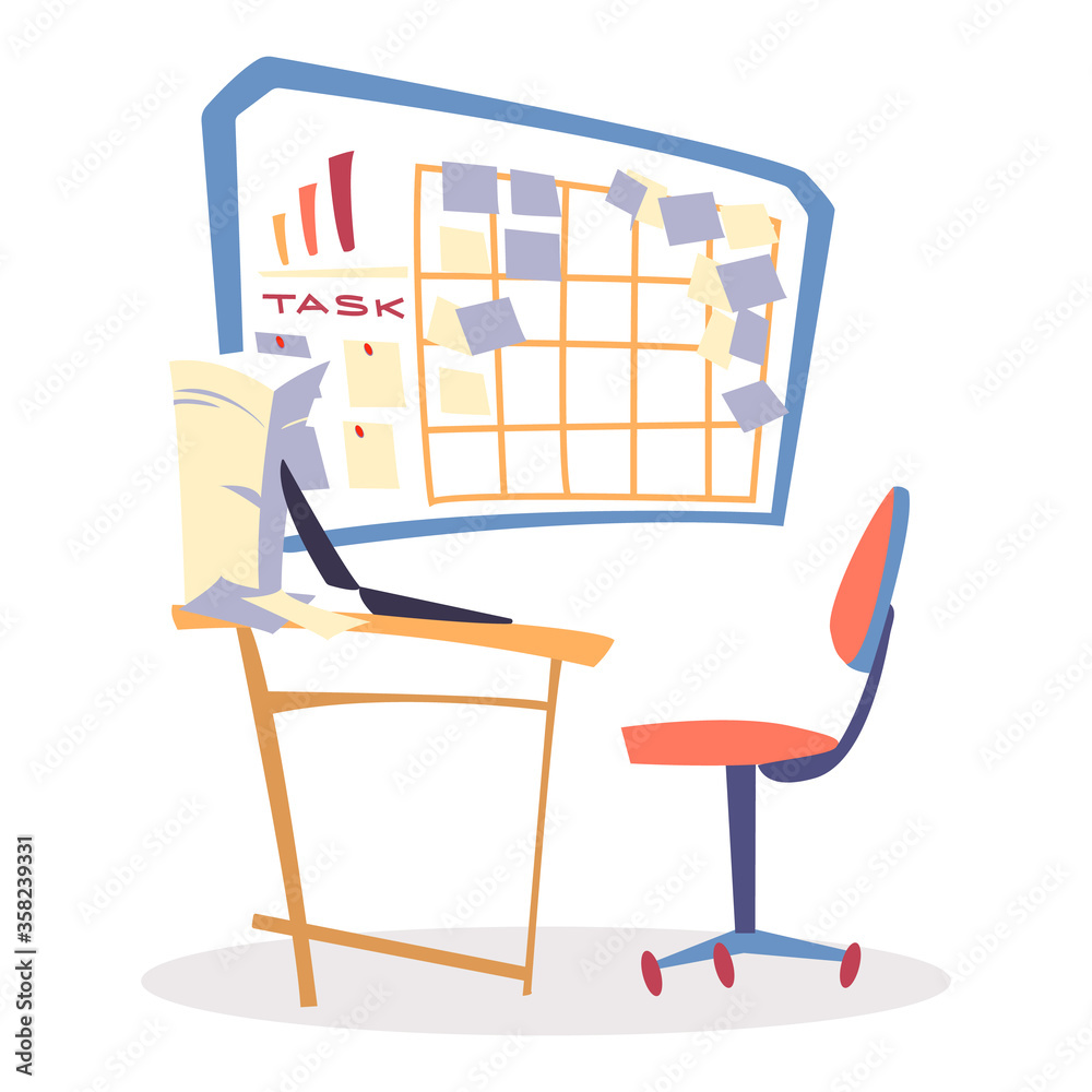 Spiny chair by table in office with laptop, room interior. Lot of paper ...