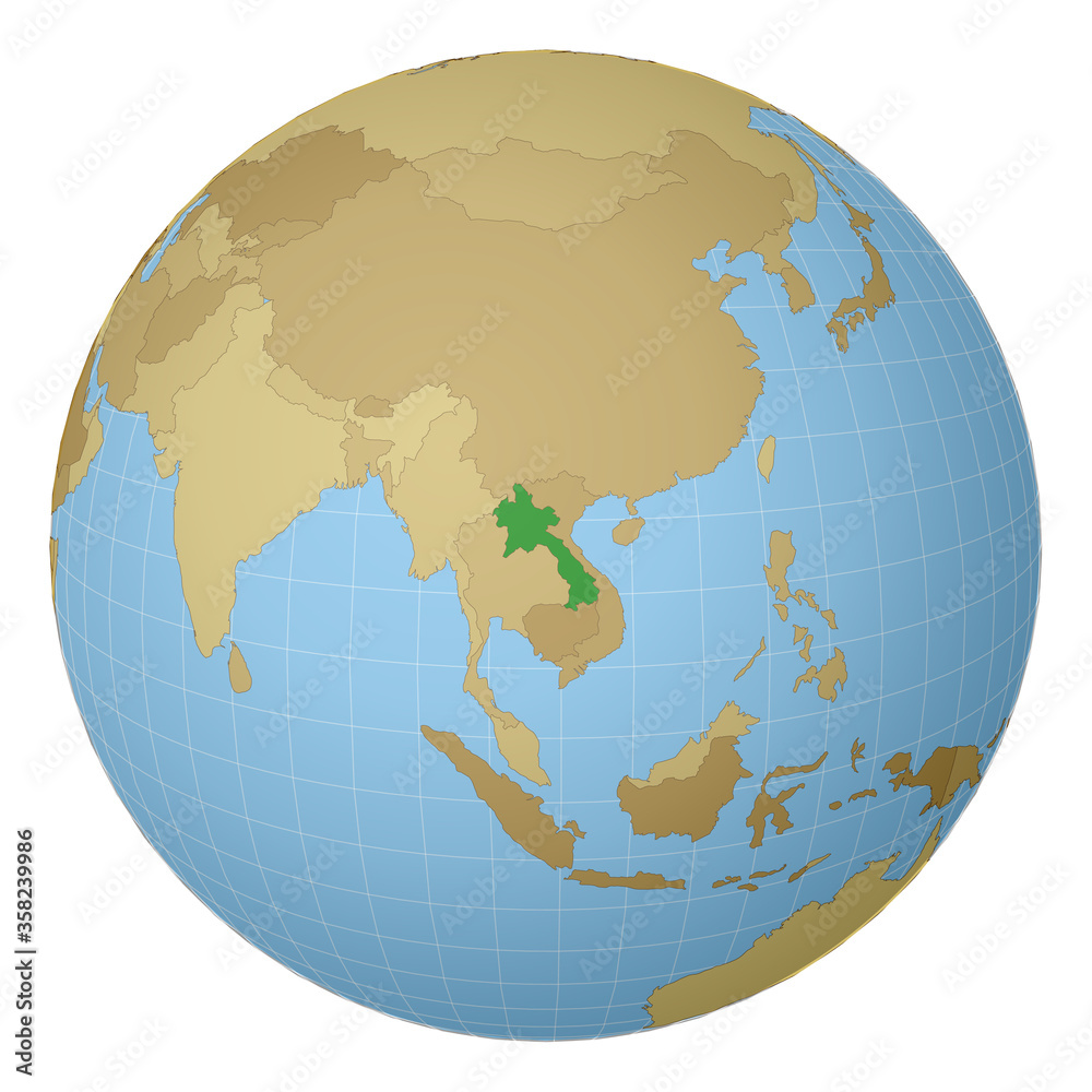 Globe centered to Laos. Country highlighted with green color on world ...