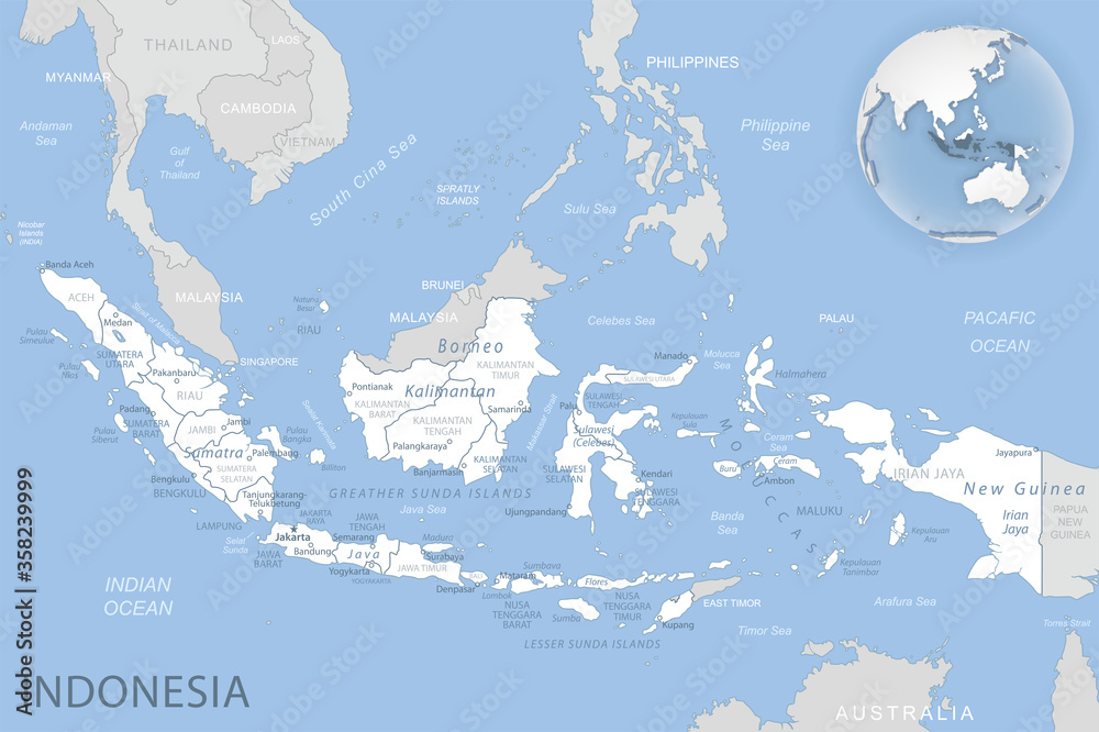 Blue-gray detailed map of Indonesia administrative divisions and ...