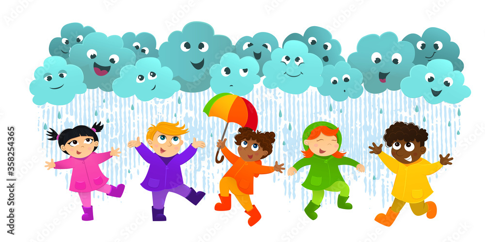 Vector illustration of kids play in the rain. Happy children have fun ...