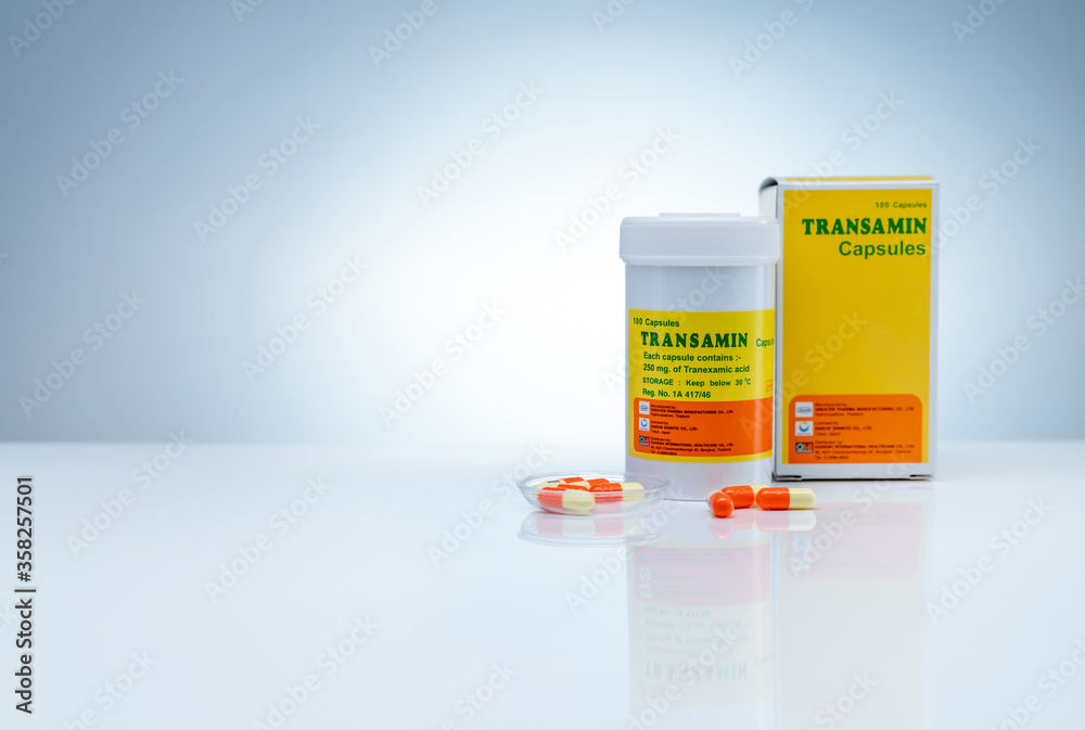 CHONBURI, THAILAND-MAY 24, 2020 : Transamin capsules with drug bottle ...