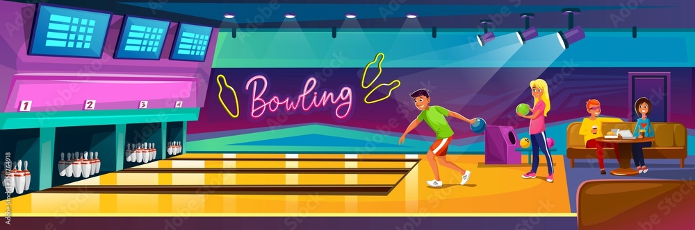 People playing bowling in luxury club on party vector illustration ...